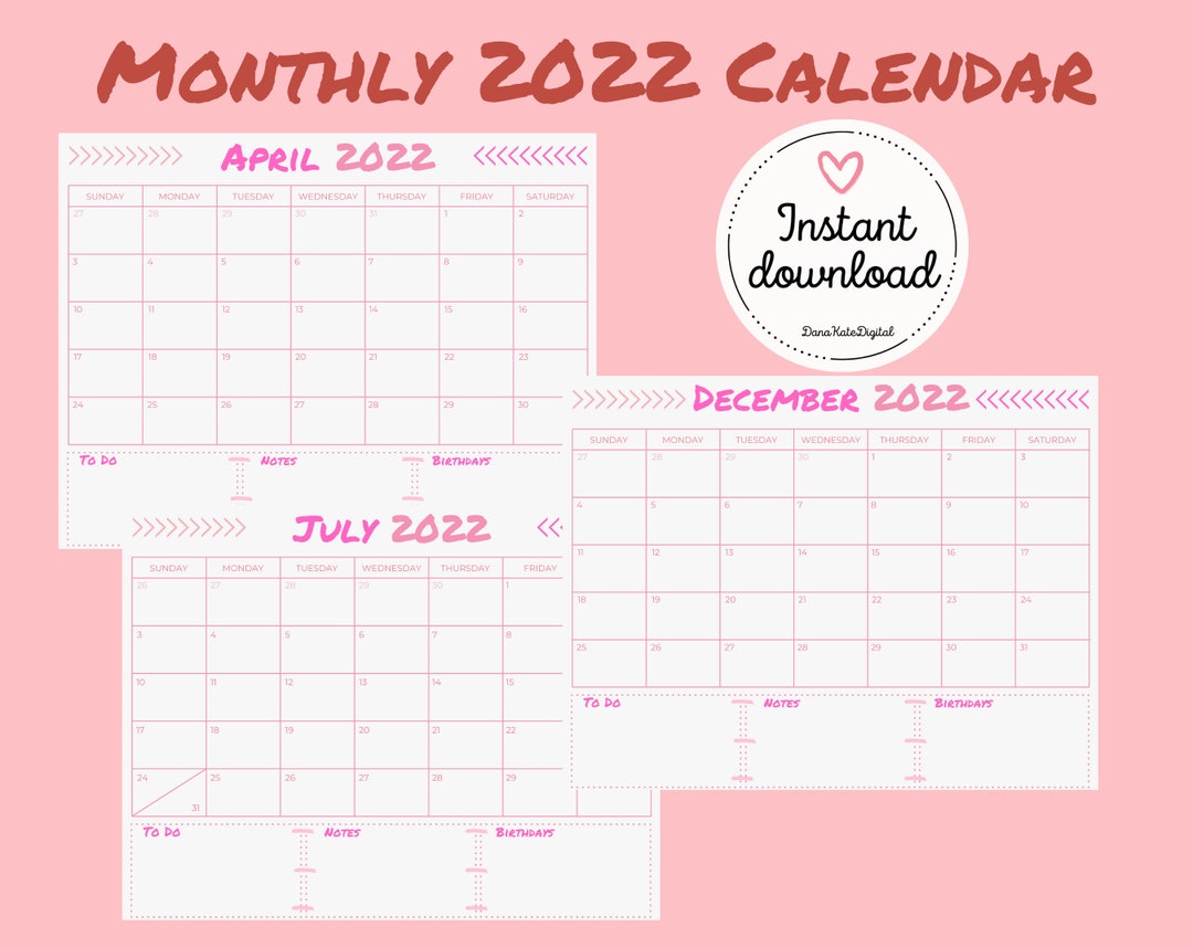 Cute Pink 2022 Monthly Calendar | Printable PDF Digital Download ...