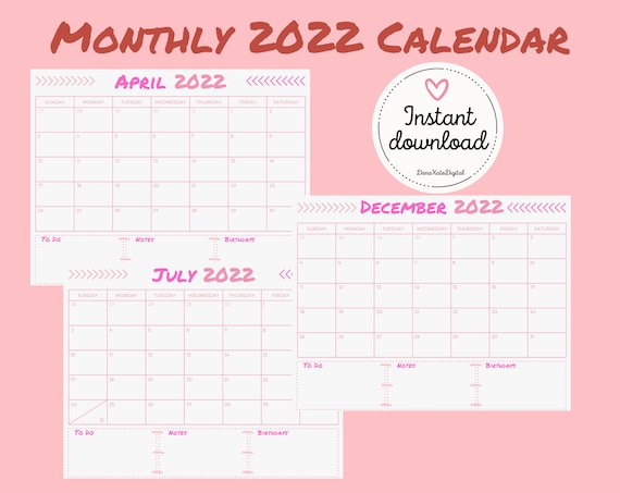 Cute Pink 2022 Monthly Calendar Printable PDF Digital | Etsy