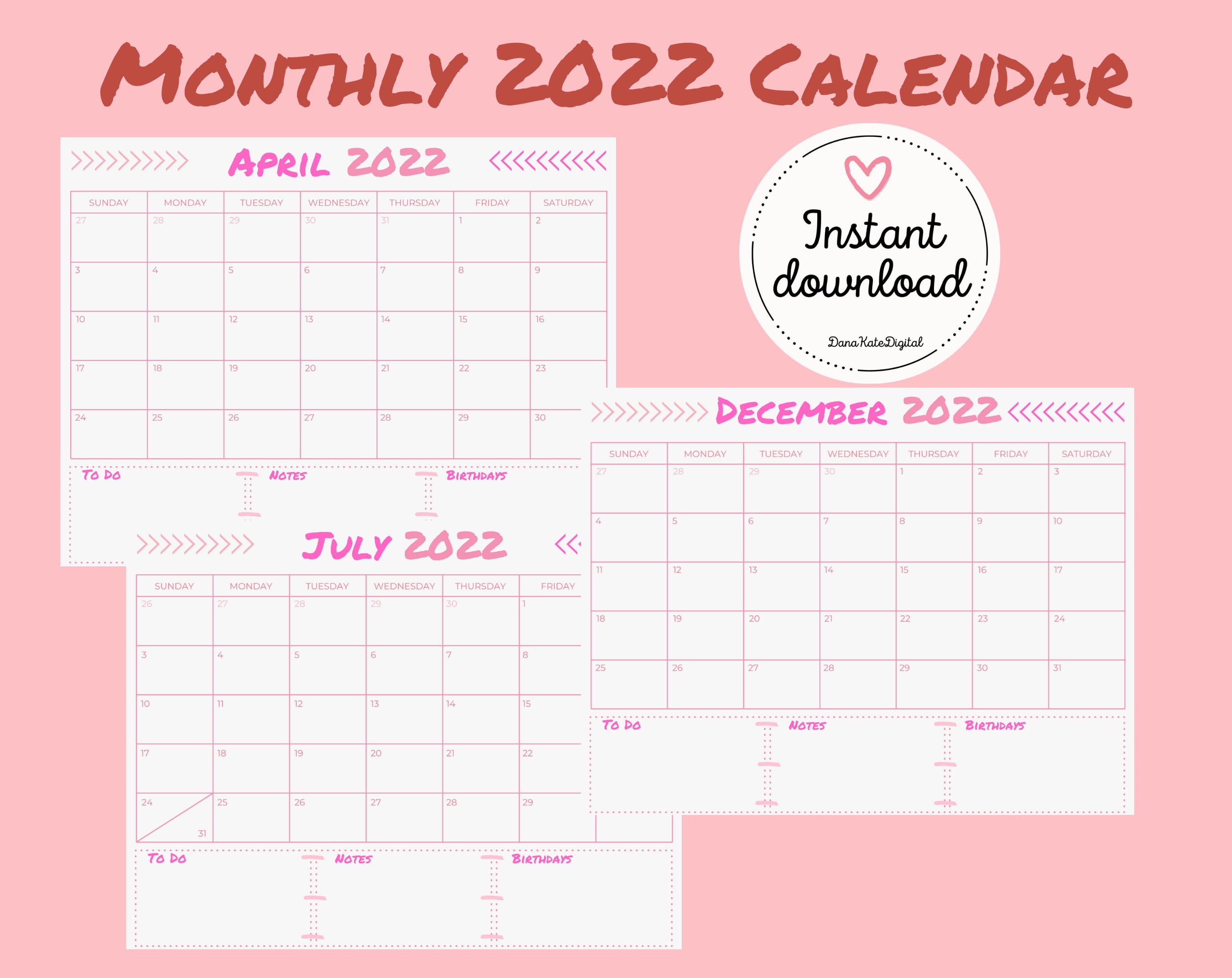 Cute Pink 2022 Monthly Calendar | Printable PDF Digital Download ...