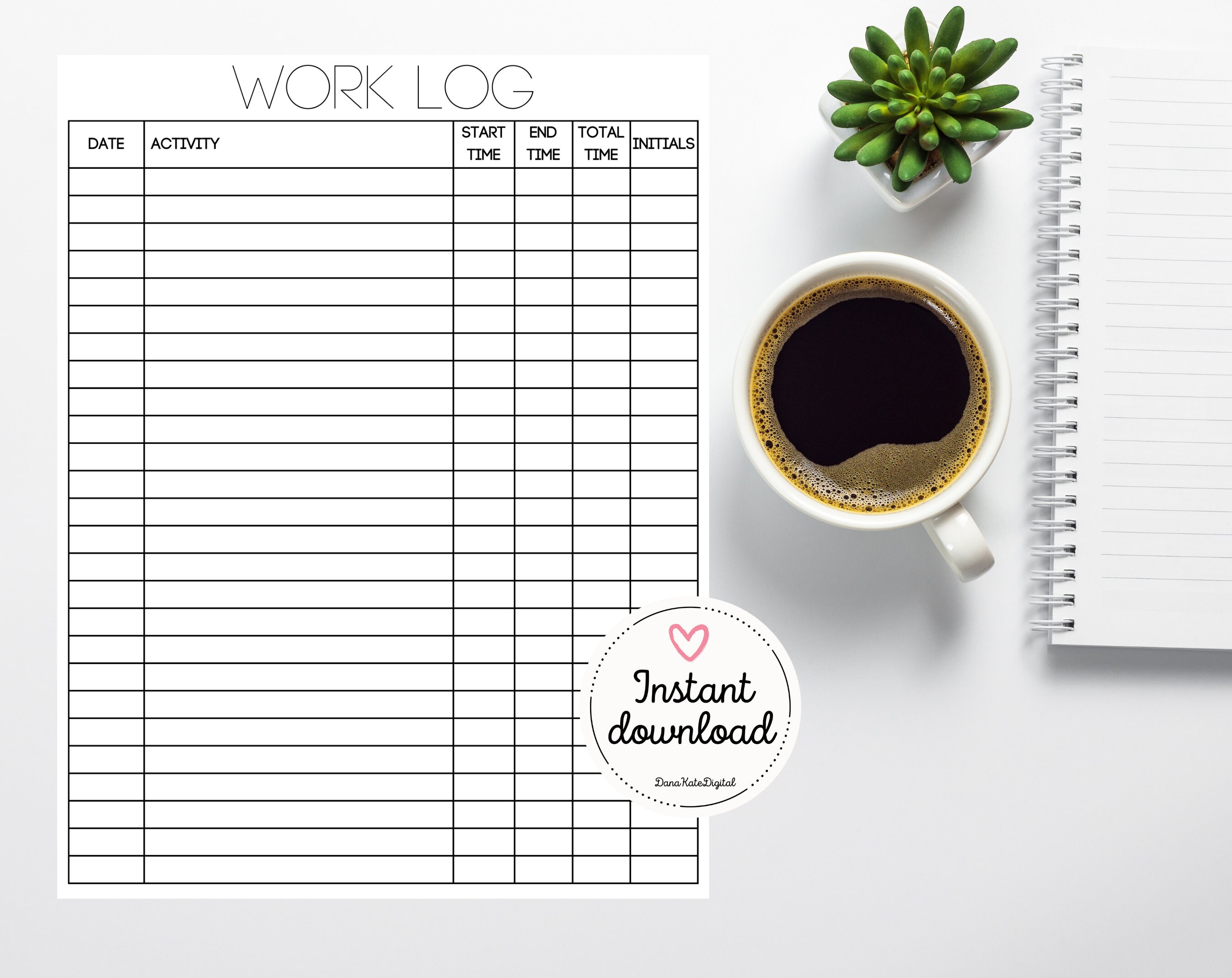 Printable Work | Time Log and Tracker | Activity Hours Log Printable ...