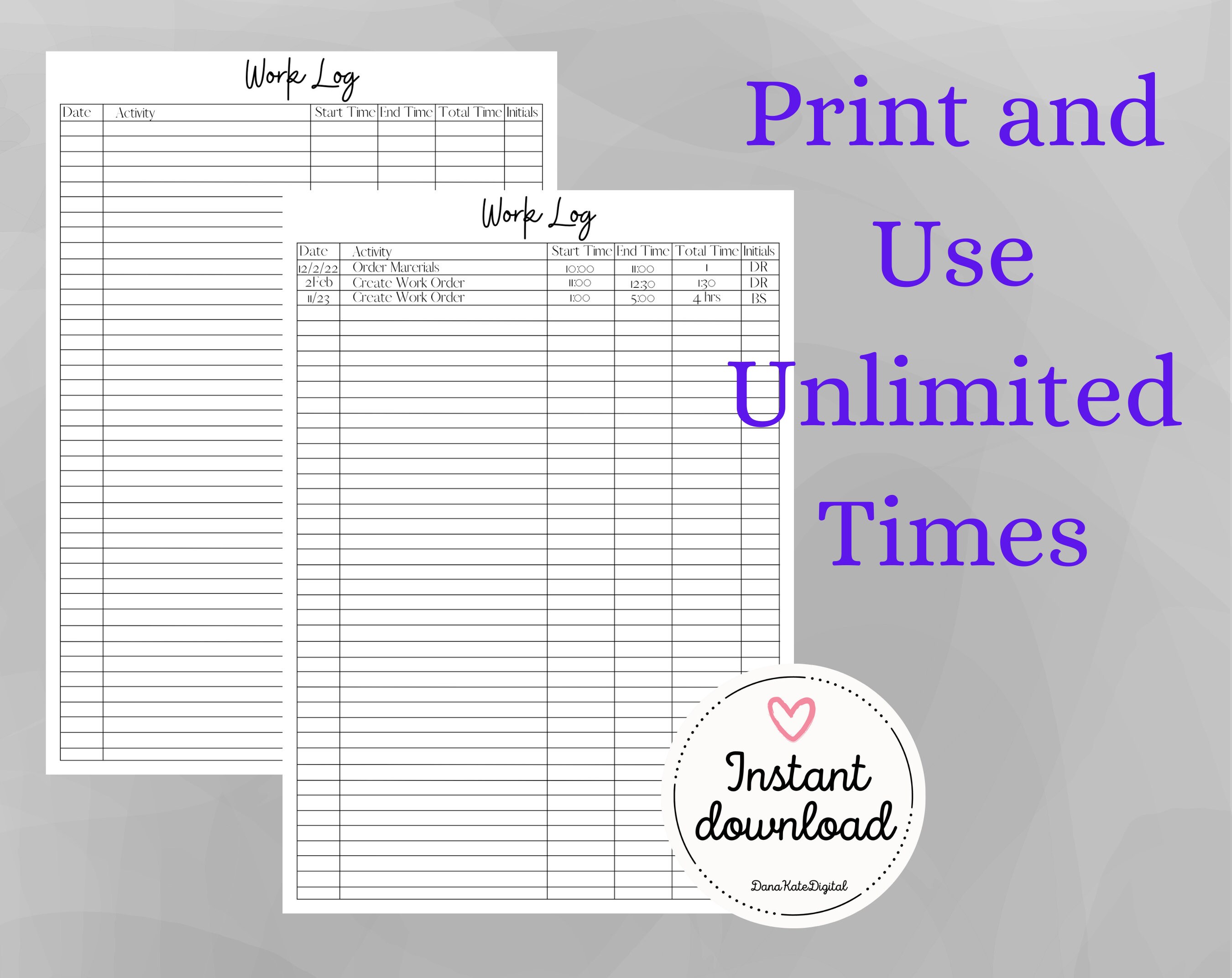 Printable Work | Time Log and Tracker | Activity Hours Log Printable ...