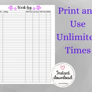 Printable Work | Time Log and Tracker | Activity Hours Log Printable ...