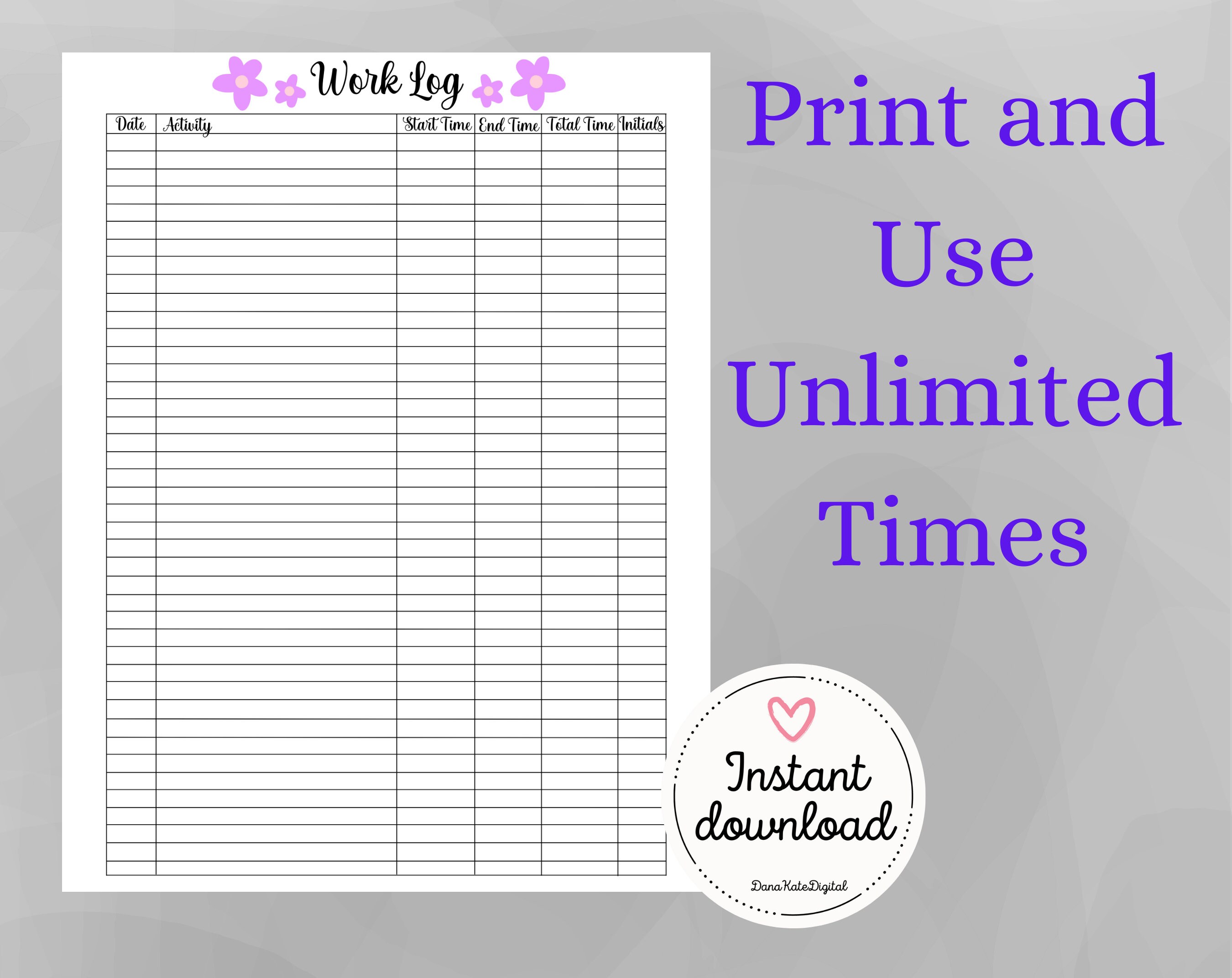 Printable Work | Time Log and Tracker | Activity Hours Log Printable ...