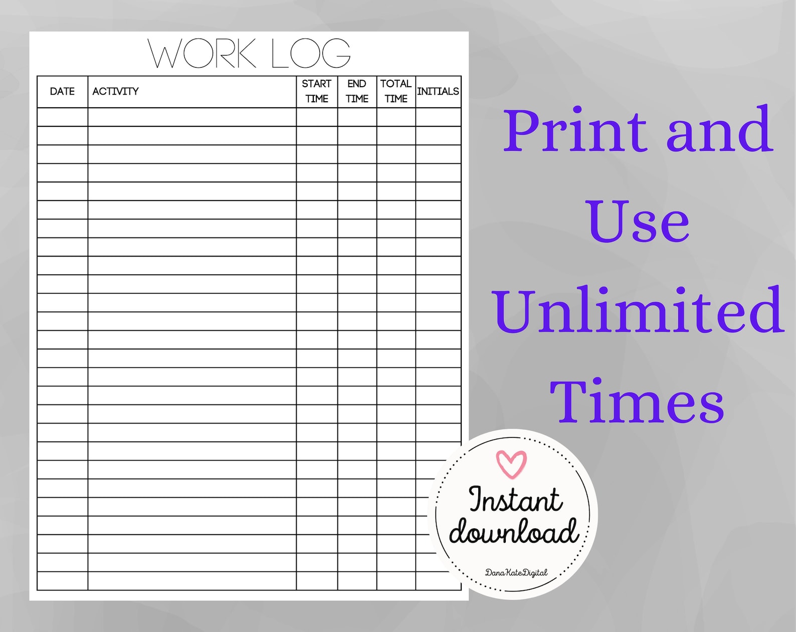 Printable Work | Time Log and Tracker | Activity Hours Log Printable ...