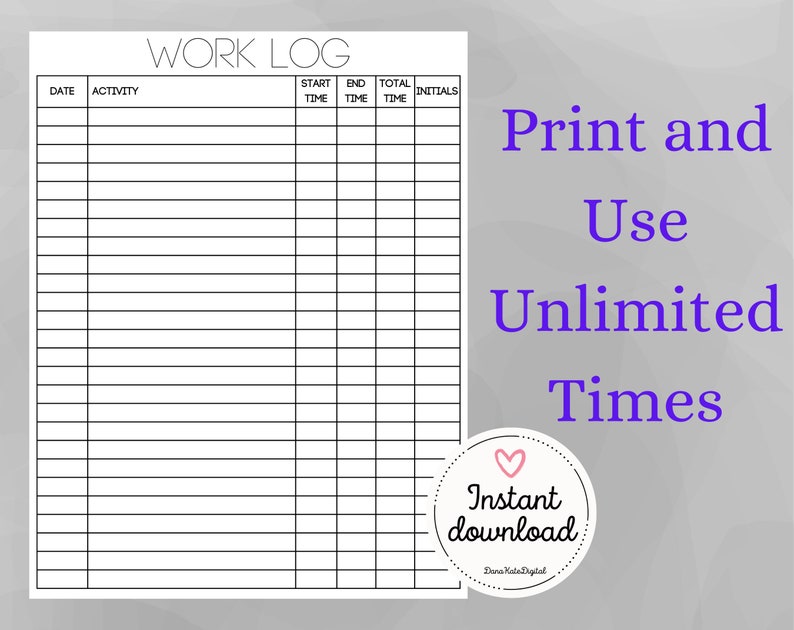 Printable Work | Time Log and Tracker | Activity Hours Log Printable ...