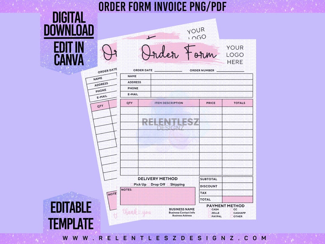 Pink Order Form Small Business Order Invoice Template, Edit in Canva ...