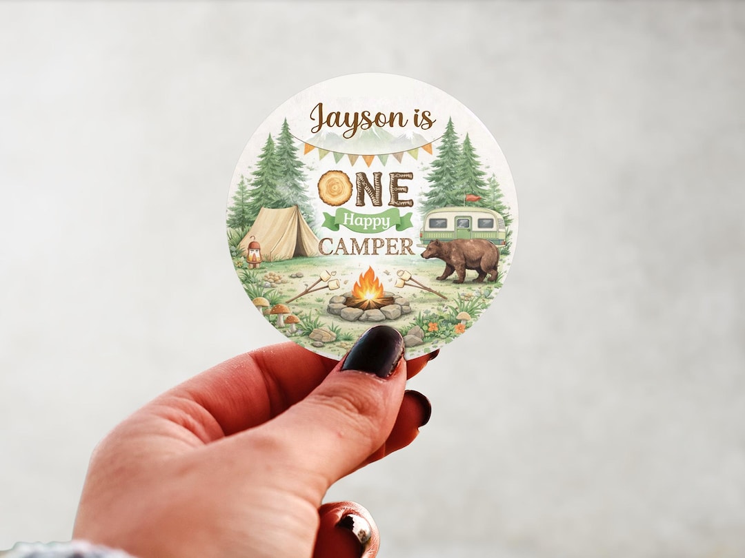Camping Birthday Stickers | Personalized First Birthday Party Favor ...