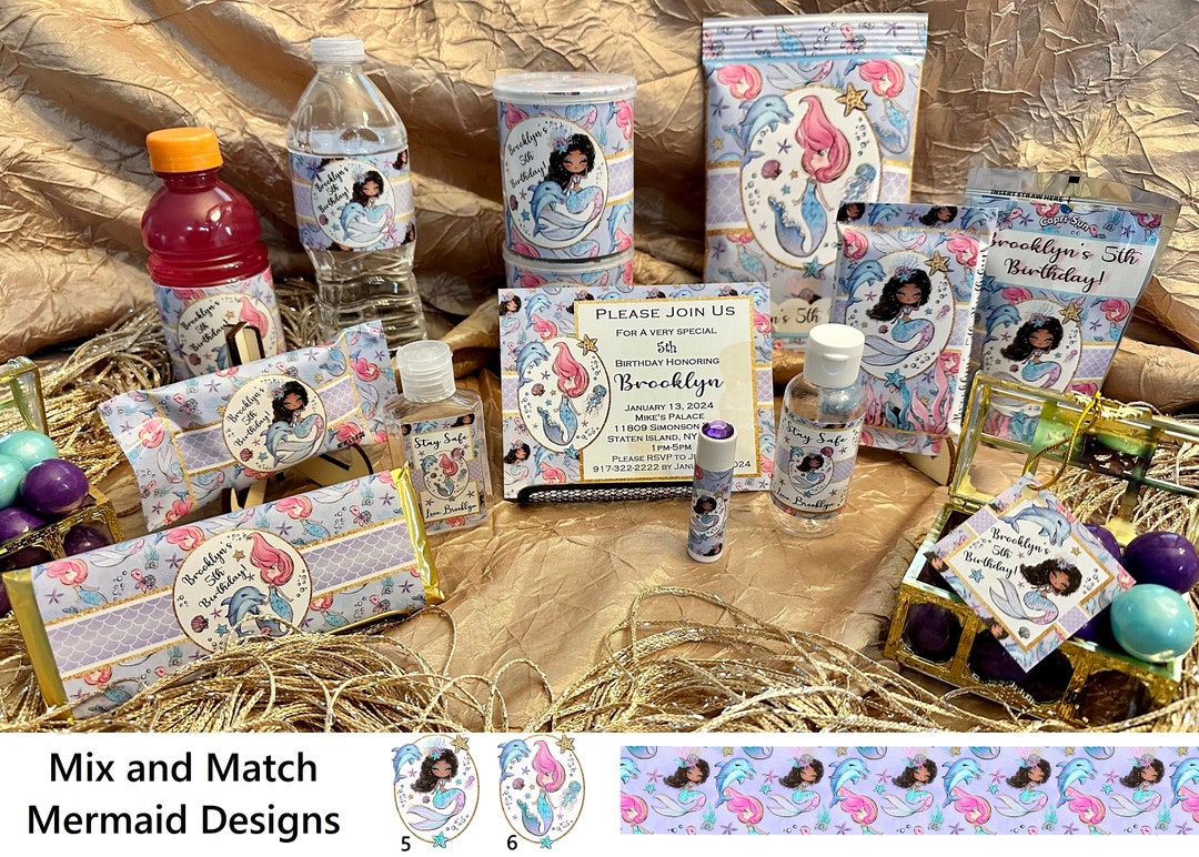 Printed Personalized Mermaid Birthday Party Favors, Black-white ...