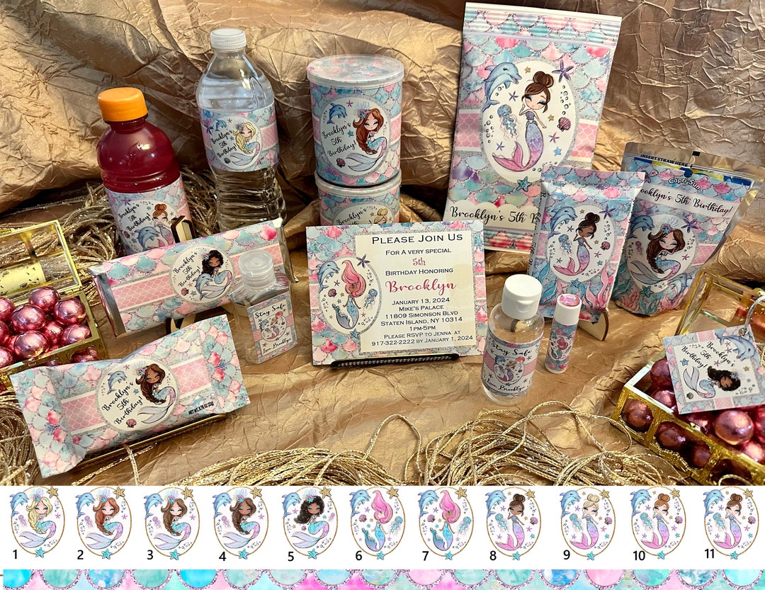 Printed Personalized Mermaid Birthday Party Favors, Black-white ...