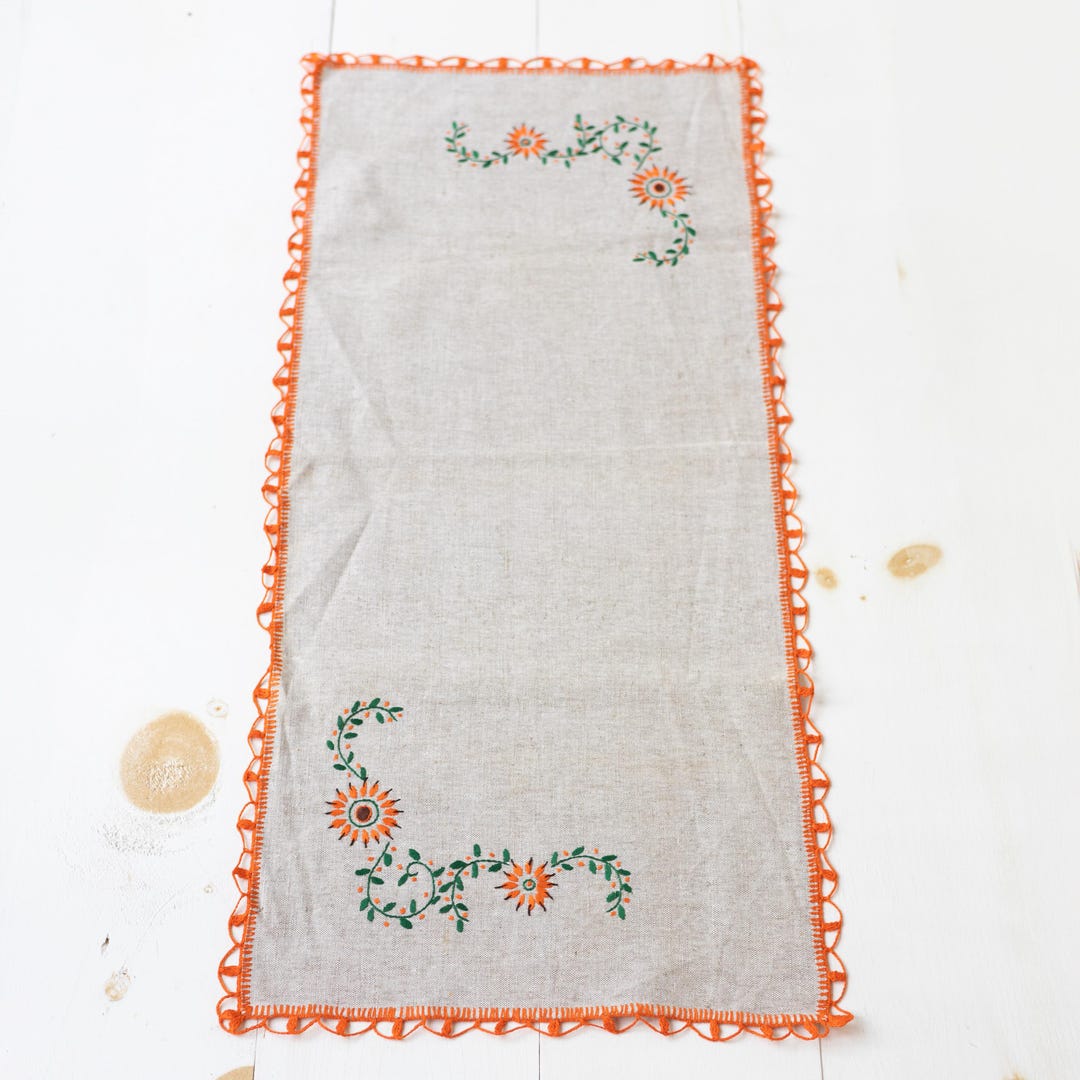 Vintage Cottagecore Hand Embroidered Linen Orange and Green Table ...