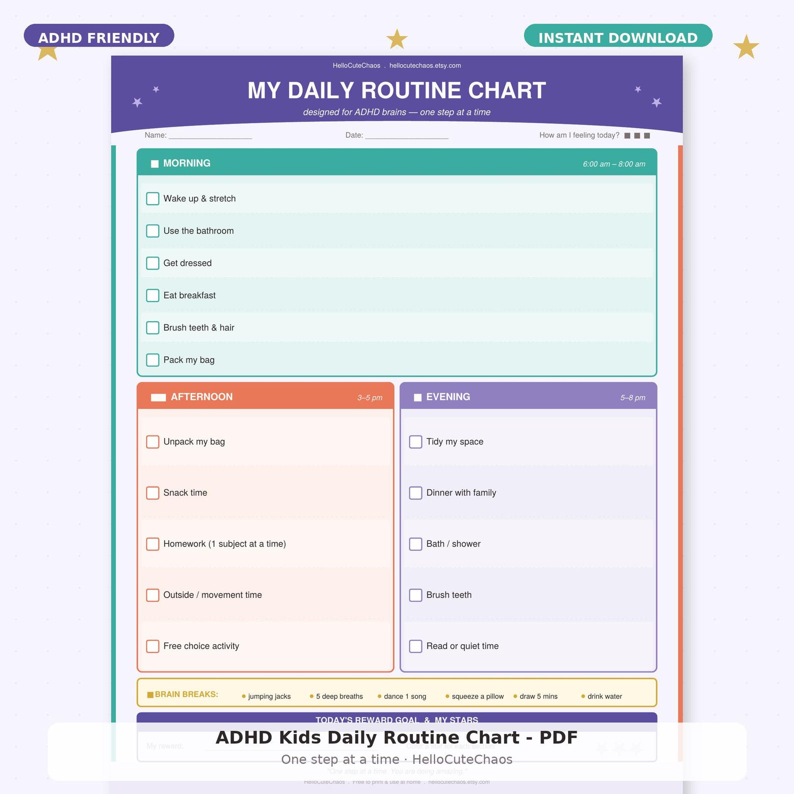 ADHD Kids Daily Routine Chart | Visual Schedule, Brain Breaks (PDF ...