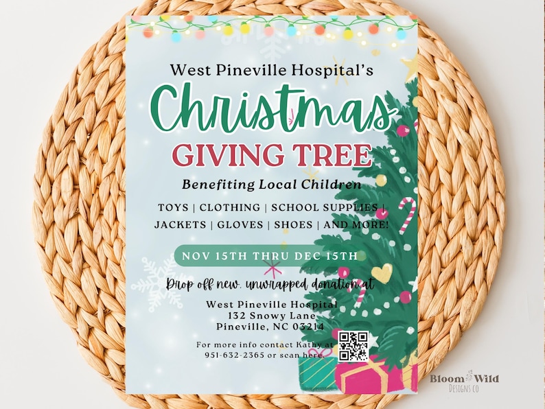 Christmas Giving Tree Flyer Template, Editable Winter Event W/ QR Code ...