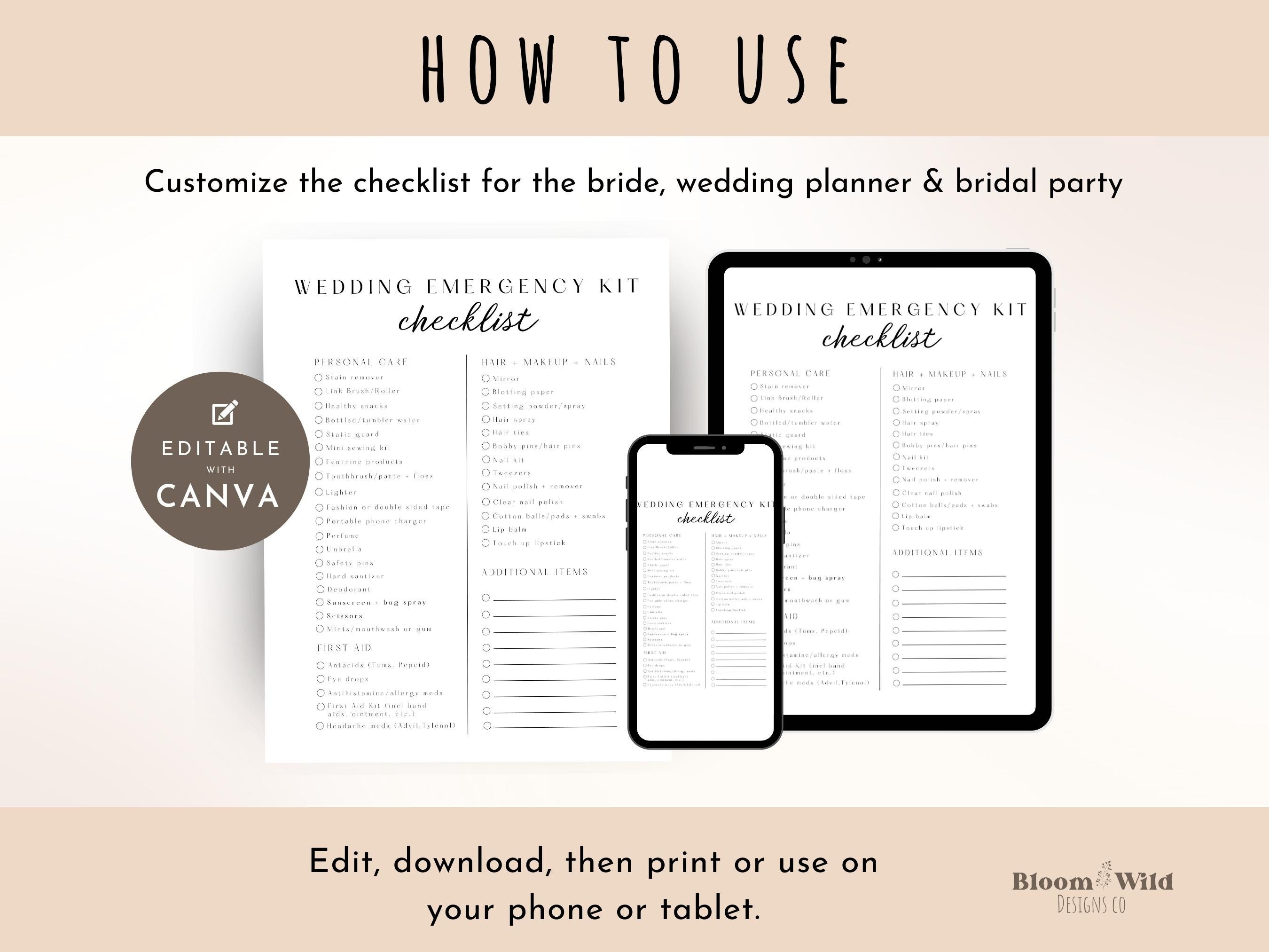 Wedding Emergency Kit Checklist, Bride Survival Kit List Template ...
