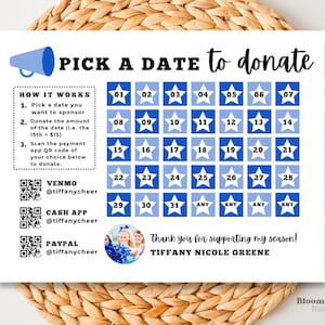Pick A Date Donate Cheer, Sponsor My Season Canva Template, Fundraising ...