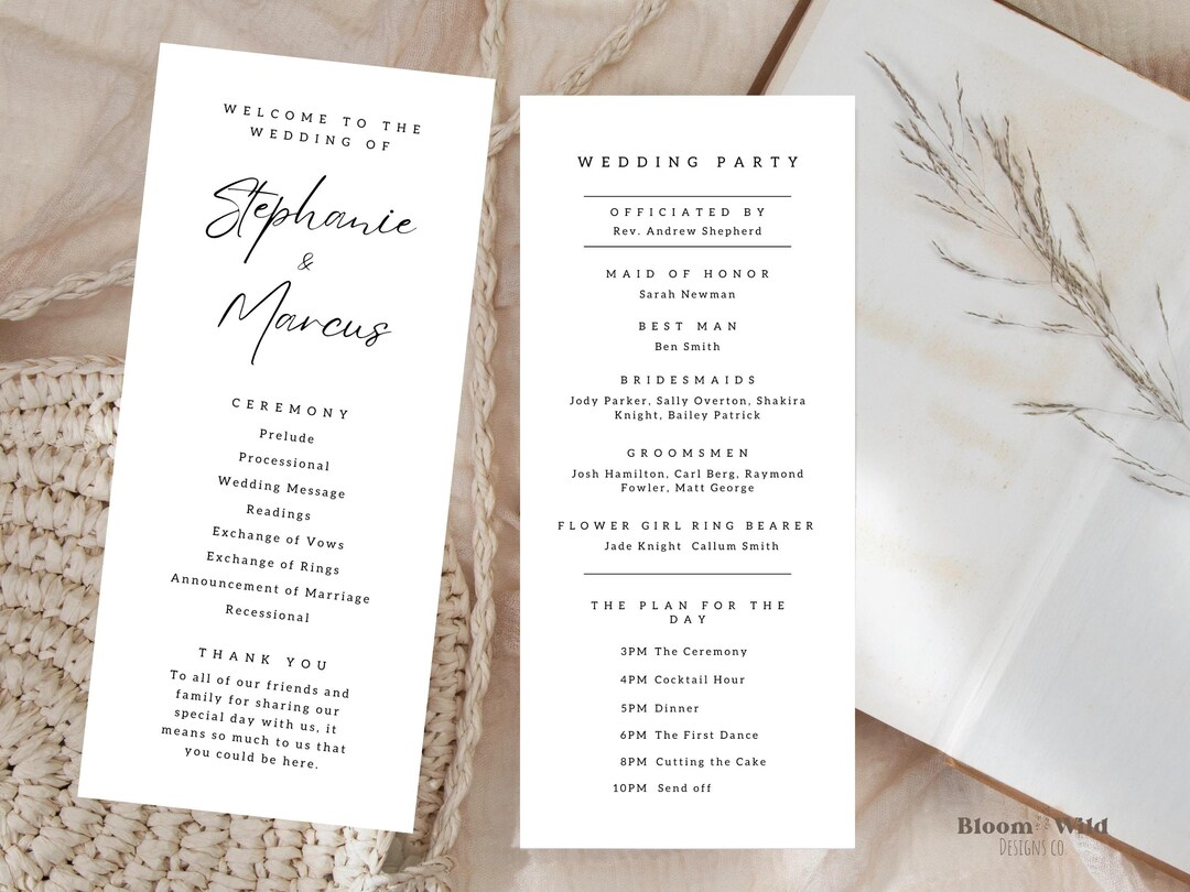 Modern Wedding Program Template, DIY Program Card Printable, Church ...