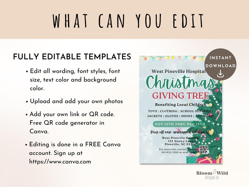 Christmas Giving Tree Flyer Template, Editable Winter Event W/ QR Code ...
