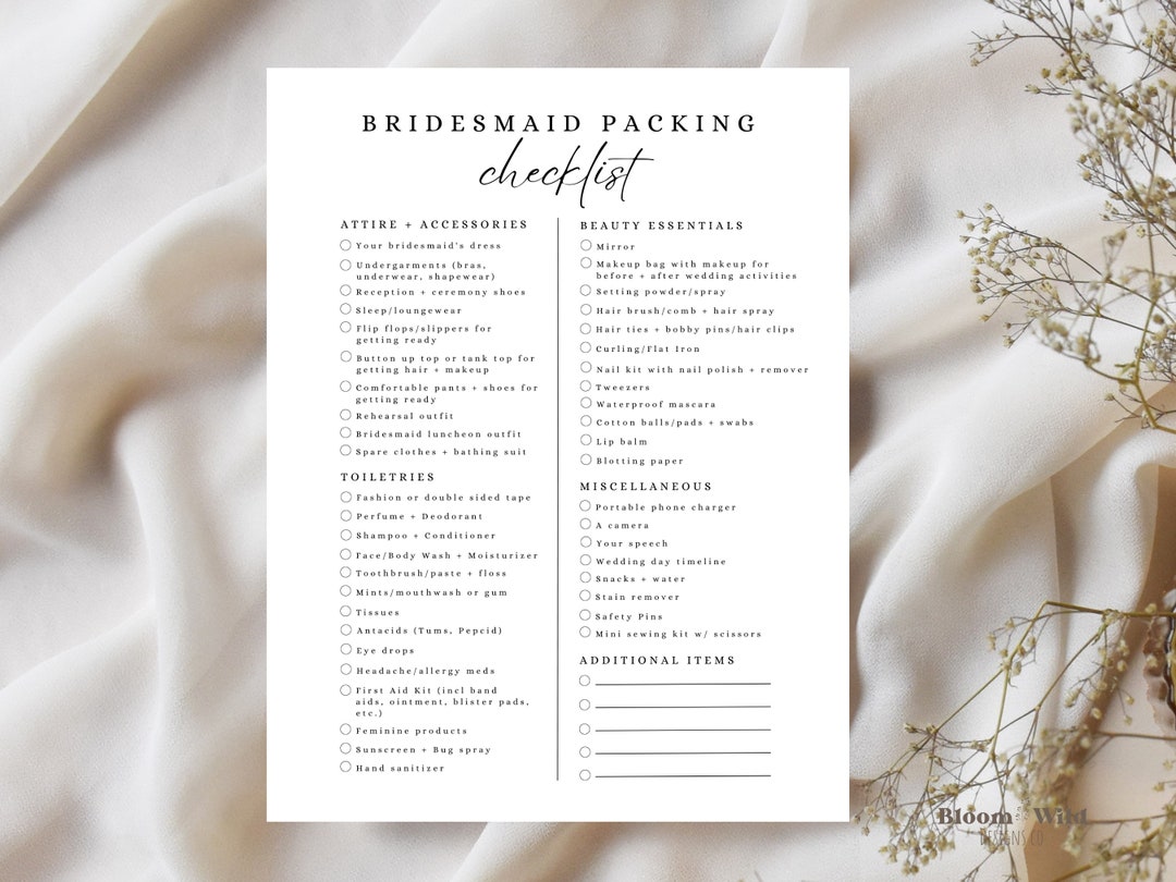 Bridesmaid Wedding Packing Checklist, Maid of Honor Packing List Template, Editable Destination ...