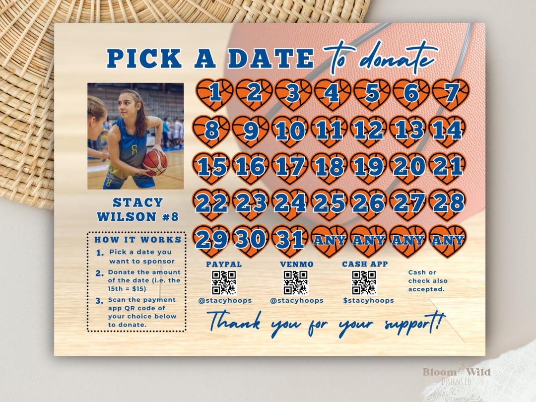 Fundraiser Calendar Template Girls Basketball, Pick A Date Basketball ...