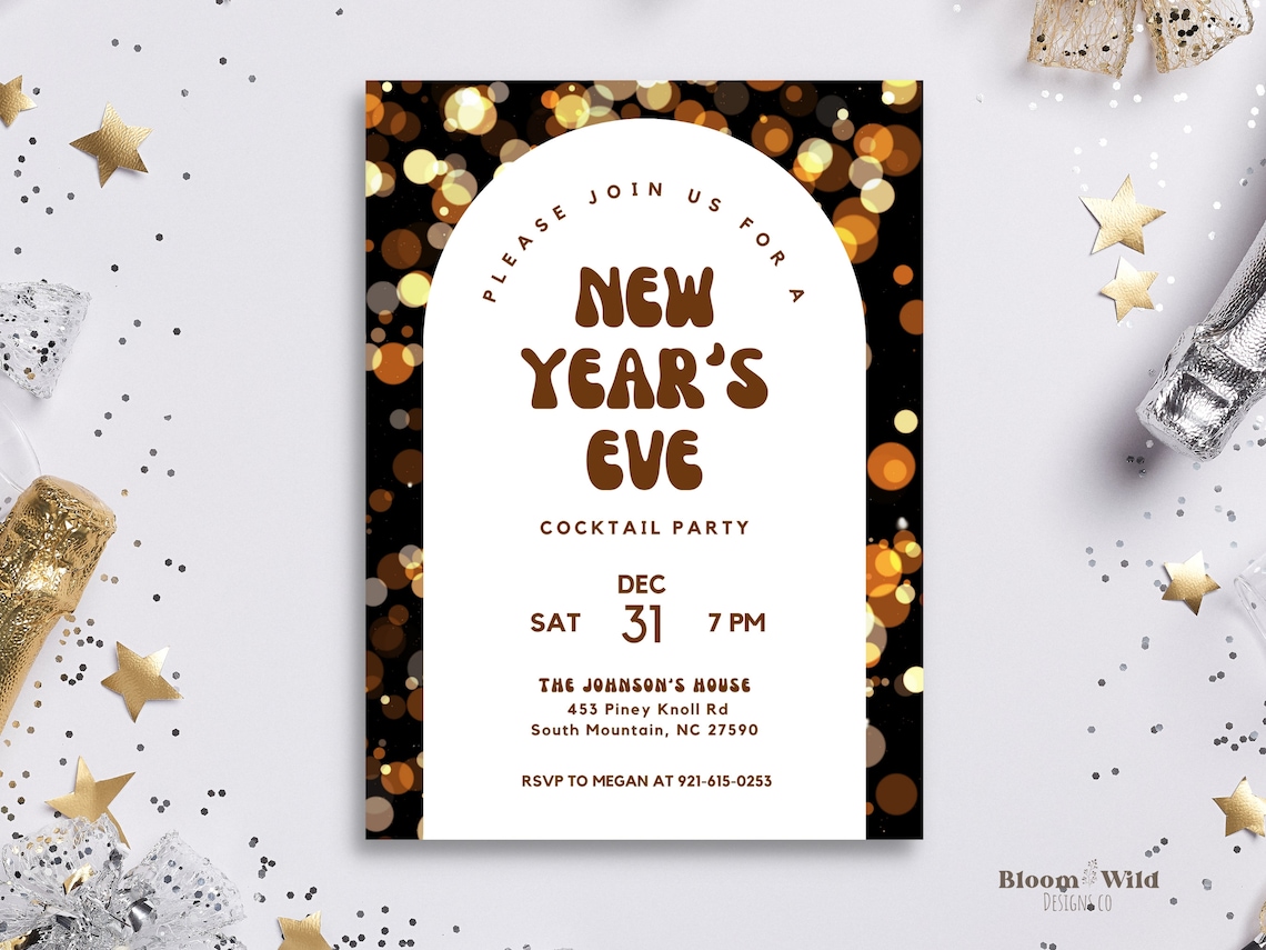 Modern Boho New Years Eve Invite, New Years Eve Invitation Editable ...