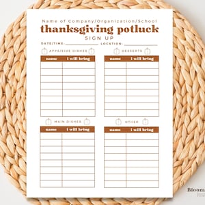 Thanksgiving Potluck Sign up Sheet Template, Sign up Sheet for Food ...