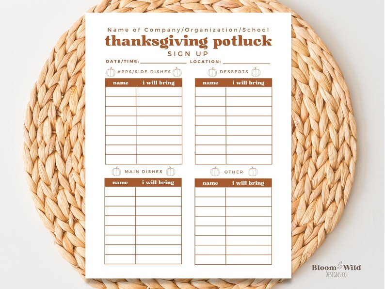 Thanksgiving Potluck Sign up Sheet Template, Sign up Sheet for Food ...