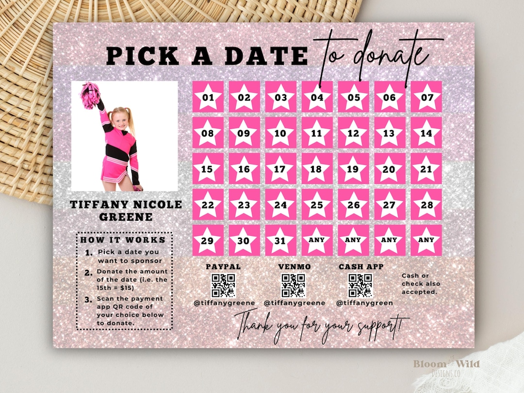Cheer Fundraiser Template Canva, Pick A Date to Donate Calendar ...