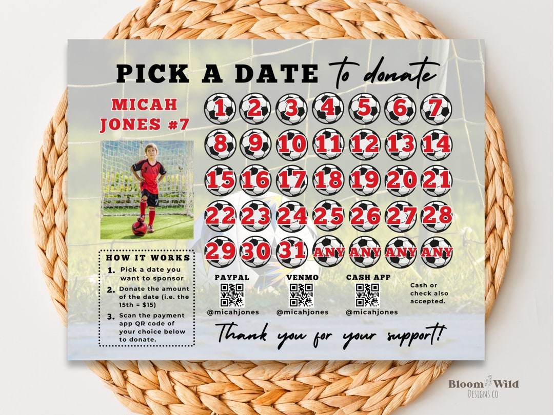 Soccer Fundraiser Flyer, Calendar Fundraiser Soccer, Pick A Date Donate ...