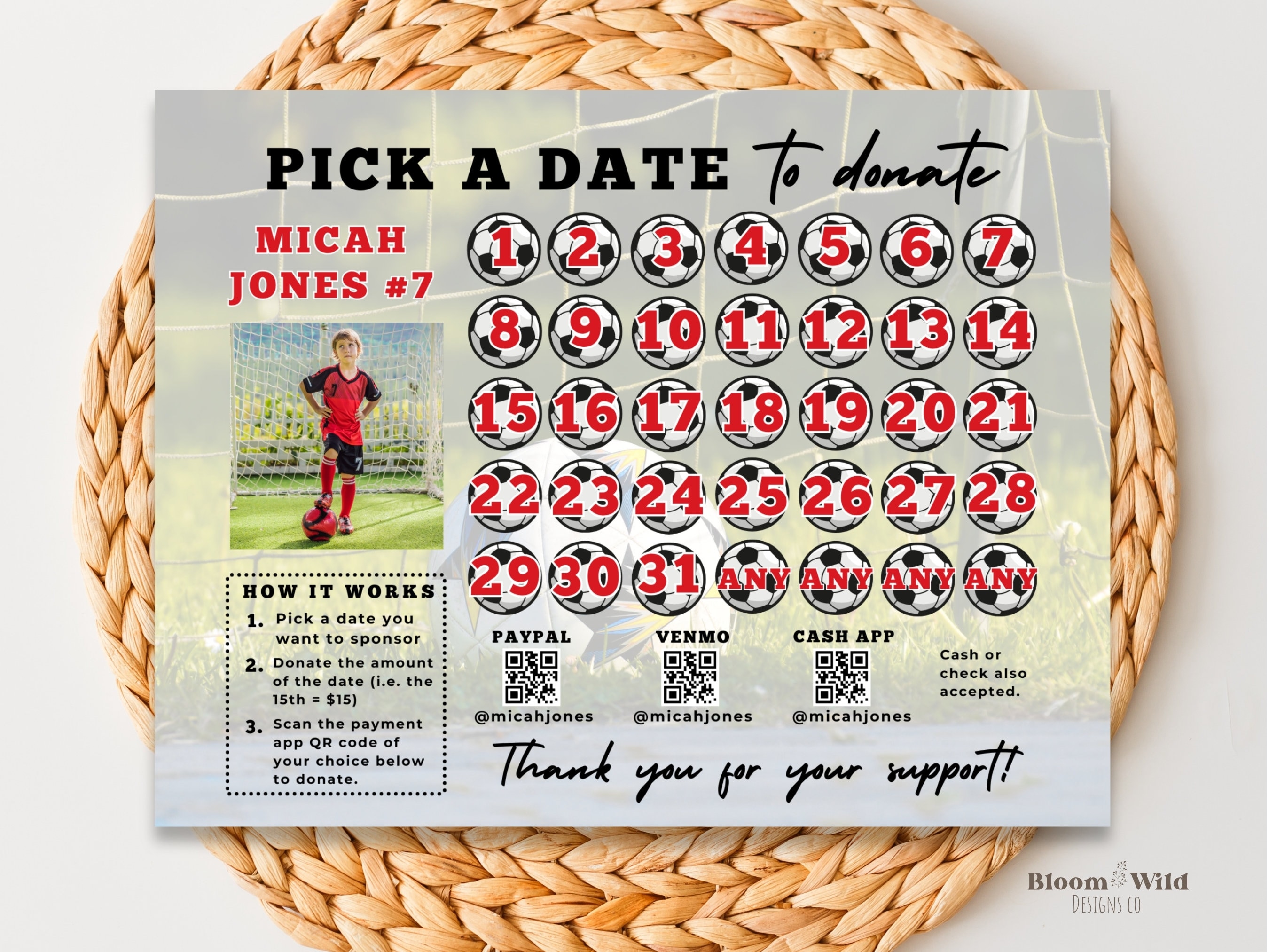 Soccer Fundraiser Flyer, Calendar Fundraiser Soccer, Pick A Date Donate ...