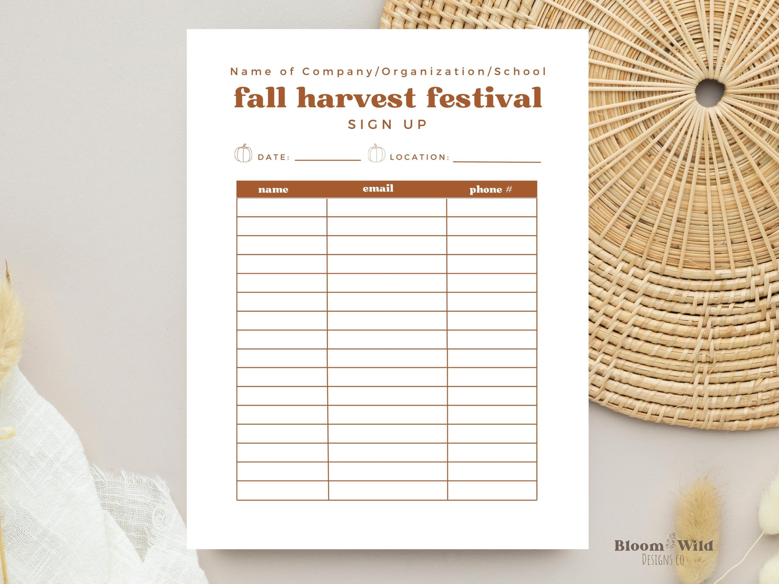 Fall Festival Sign up Sheet Template Event Sign up Sheet - Etsy