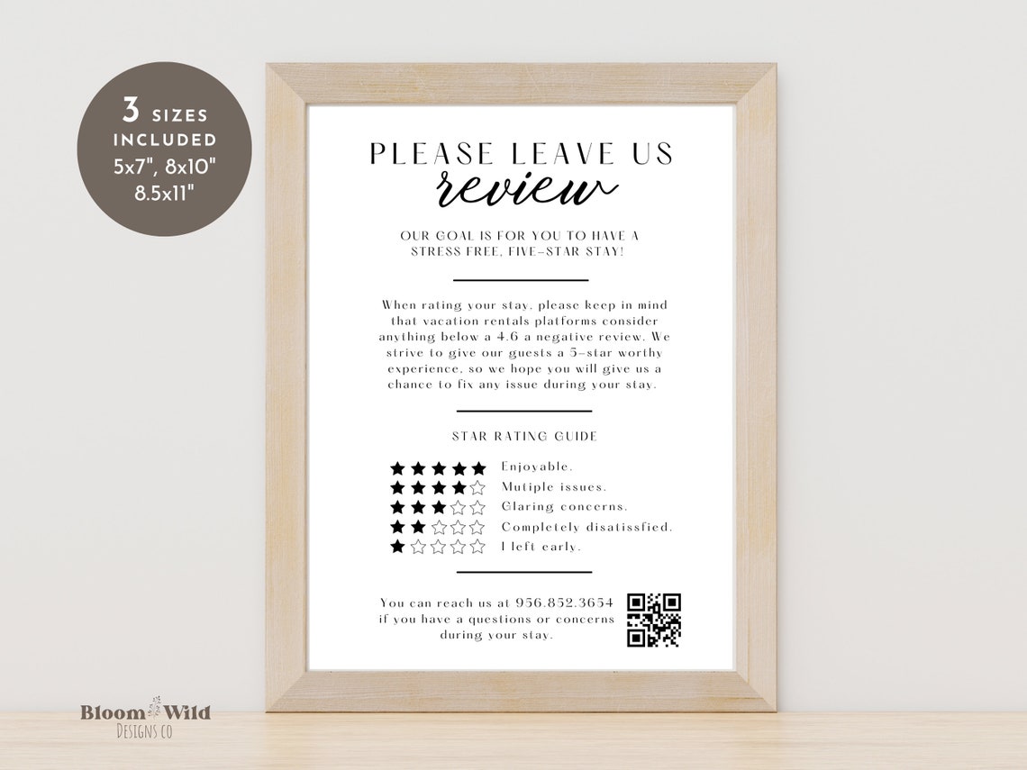 Airbnb Star Rating, Air Bnb Review Sign With QR Code, Leave Us A Review ...
