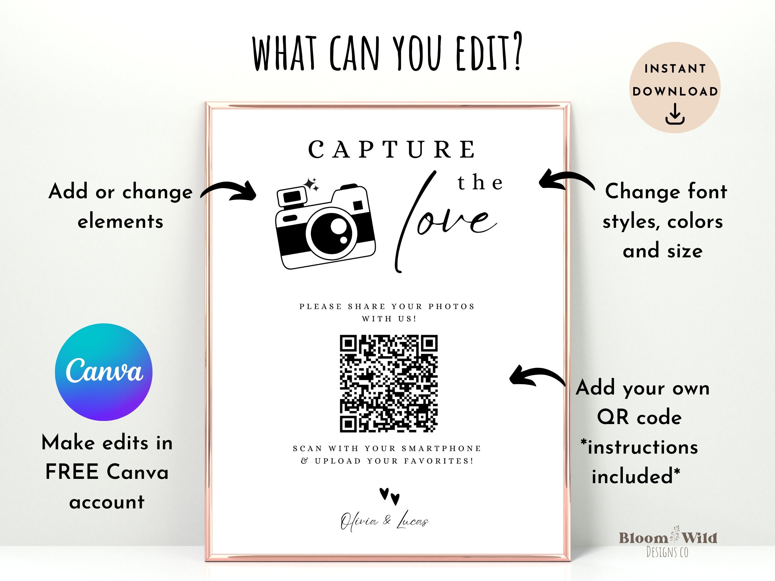 Capture the Love QR Code, Wedding Photo Signs Canva, Share the Love ...