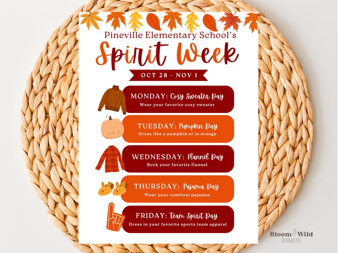Fall Spirit Week Template Canva, Spirit Week Poster, Spirit Week Flyer ...