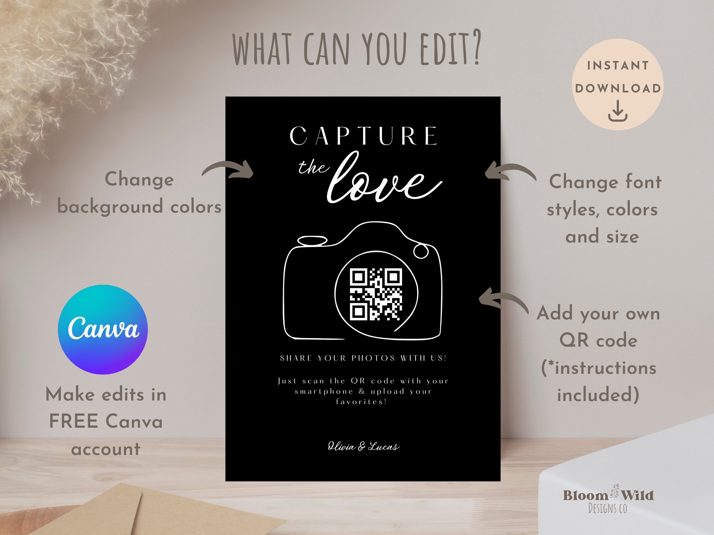 Capture the Love Sign Canva Template, Modern Black Capture the Love QR ...