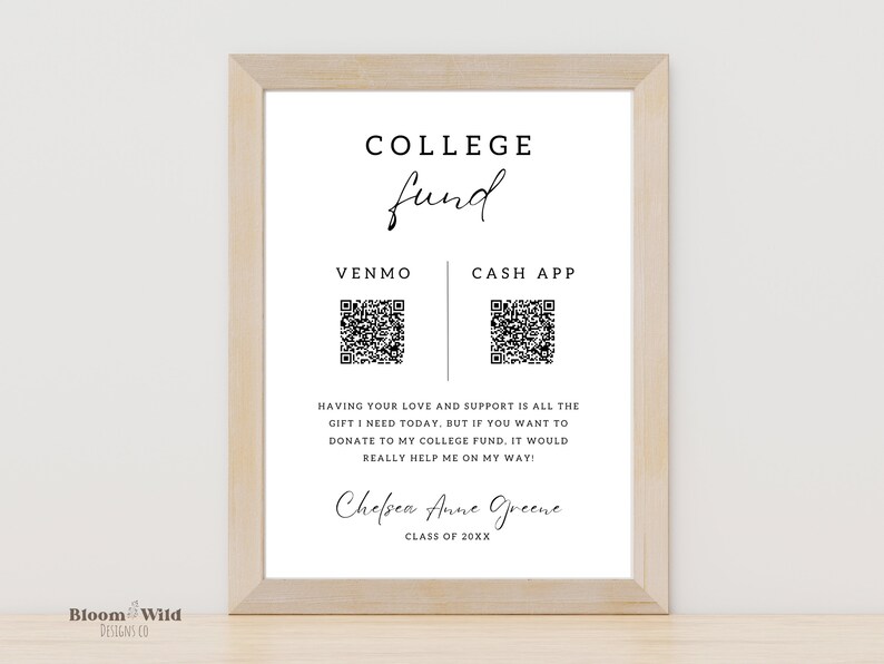 Graduation QR Code Sign, College Fund QR Code Canva, Venmo QR Code ...