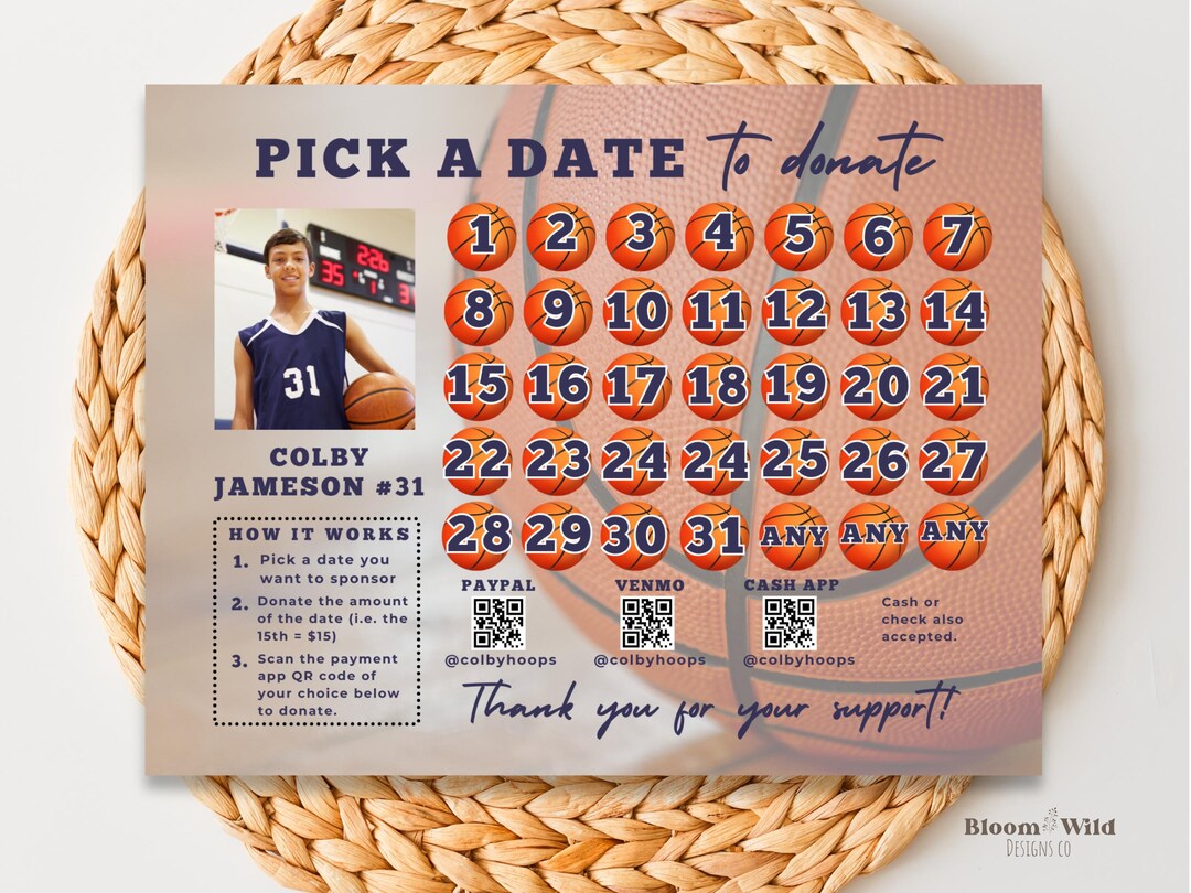 Pick A Date Basketball Fundraiser, Fundraiser Calendar Template ...