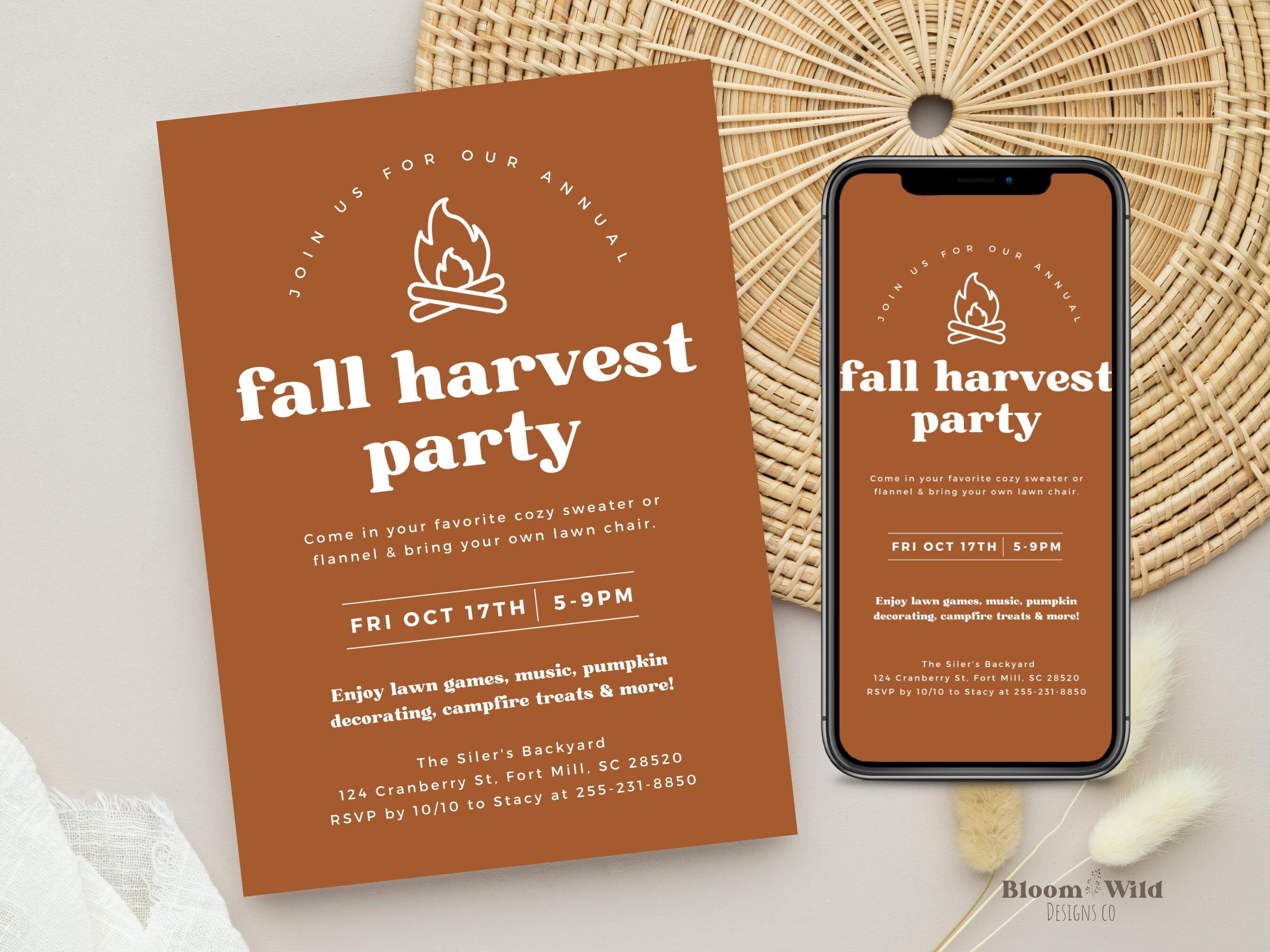Printable Fall Block Party Invitation, Fall Harvest Invitation Template, Backyard Bonfire ...