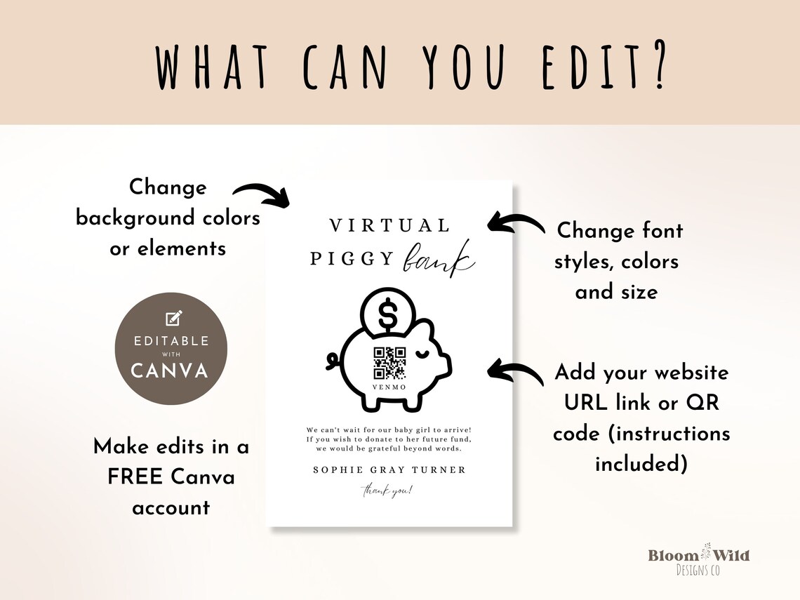Virtual Piggy Bank Vemno Canva Template, Baby Shower Qr Code Sign ...