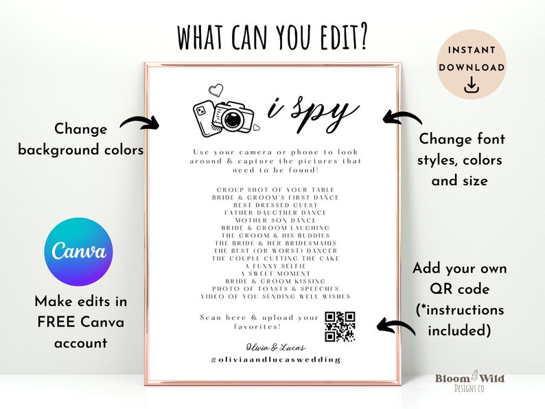 I Spy Wedding With QR Code Template, I Spy Wedding Game Hashtag ...