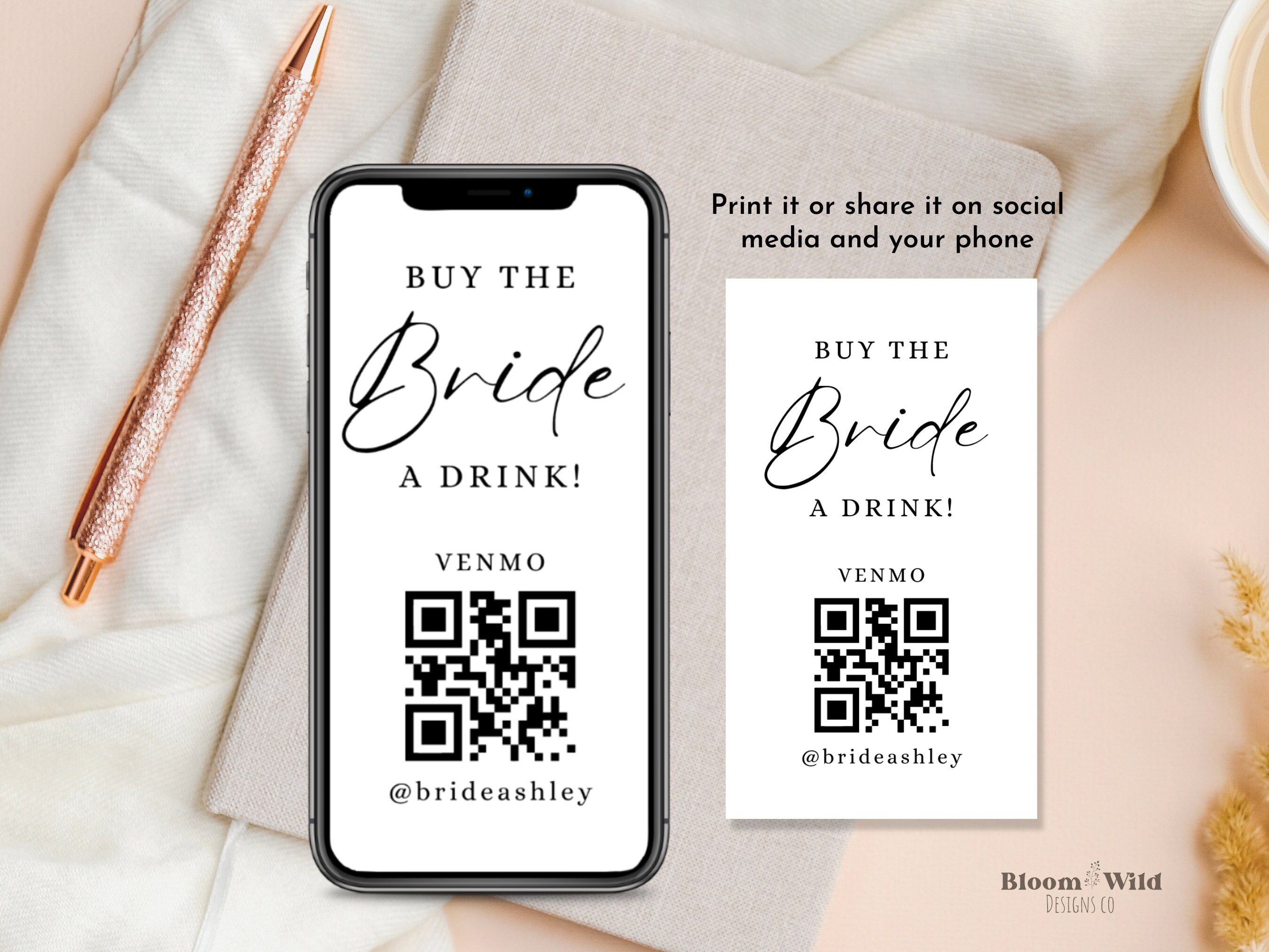 Minimalist Buy the Bride a Drink Template, Venmo Bachelorette Canva, QR ...