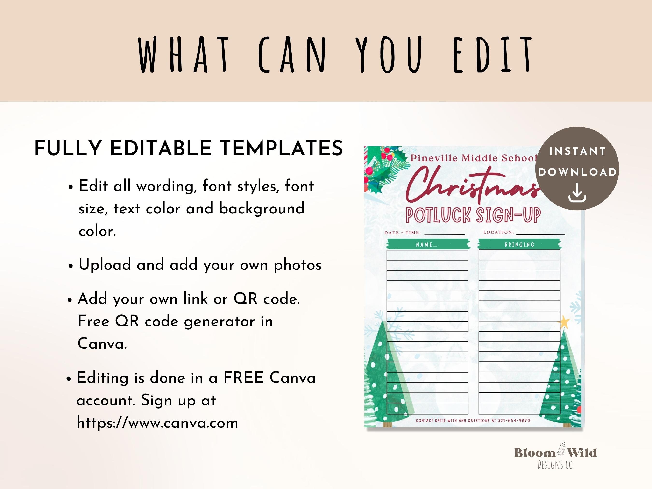 Editable Christmas Potluck Sign up Sheet, Potluck for Christmas Party ...