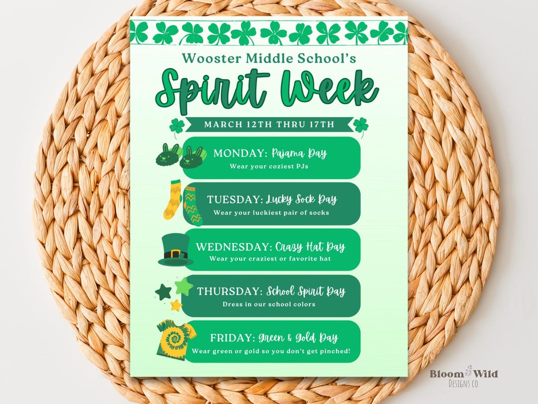 March St Patricks Day Spirit Week, School Spirit Week Editable Template ...