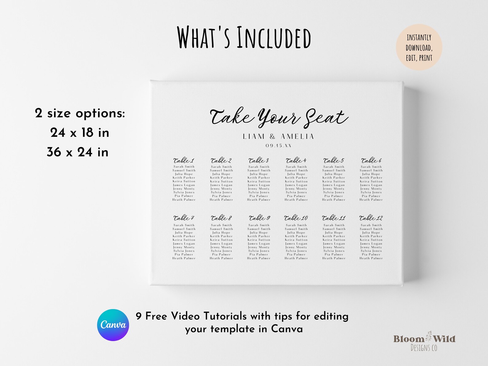 Seating Chart Wedding Template Canva, Guest Seating Landscape,modern ...