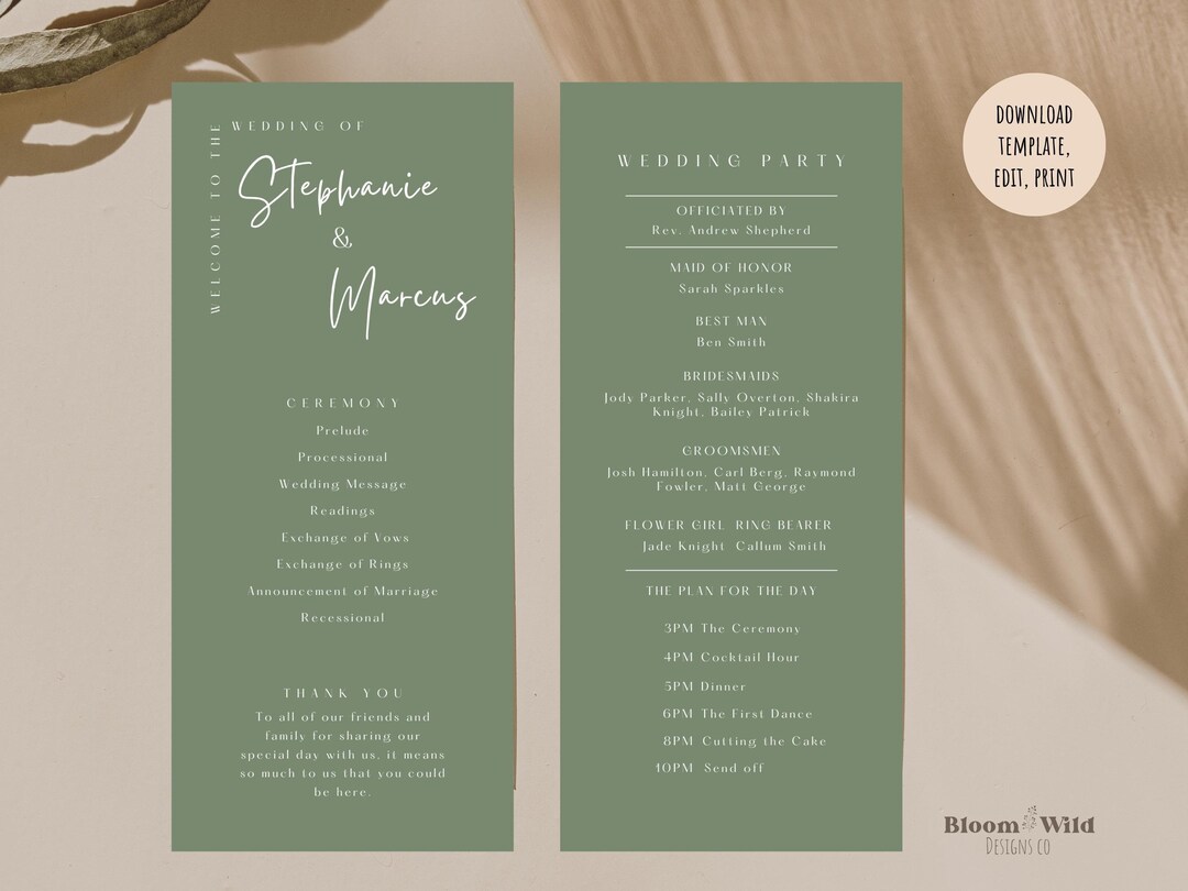 Sage Green Wedding Ceremony Program, Minimalist Program Wedding ...