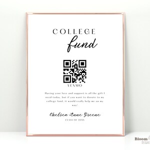 College Fund QR Code Canva, Venmo QR Code Grad, Graduation Gift Sign ...