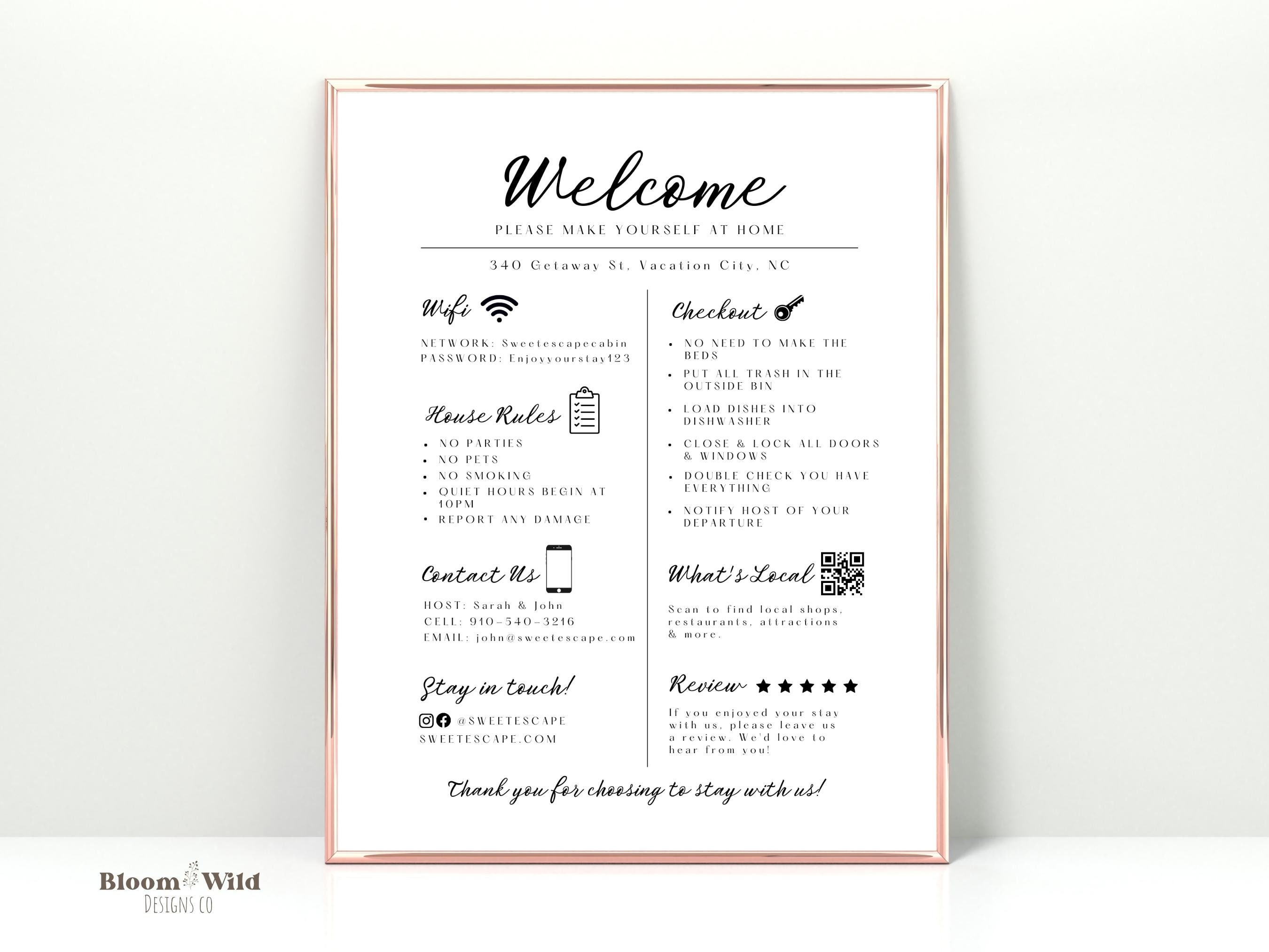 Welcome Sign Vacation Rental Printable, Welcome Card for Airbnb Hosts ...