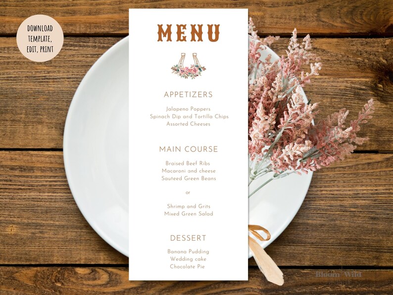 Cowboy Wedding Menu, Modern Western Wedding, Menu Template, Menu Card ...
