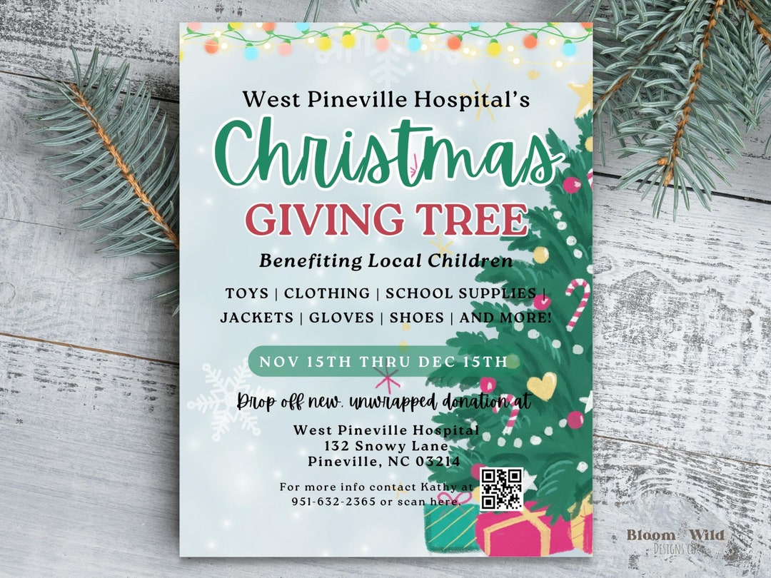 Christmas Giving Tree Flyer Template, Editable Winter Event W/ QR Code ...