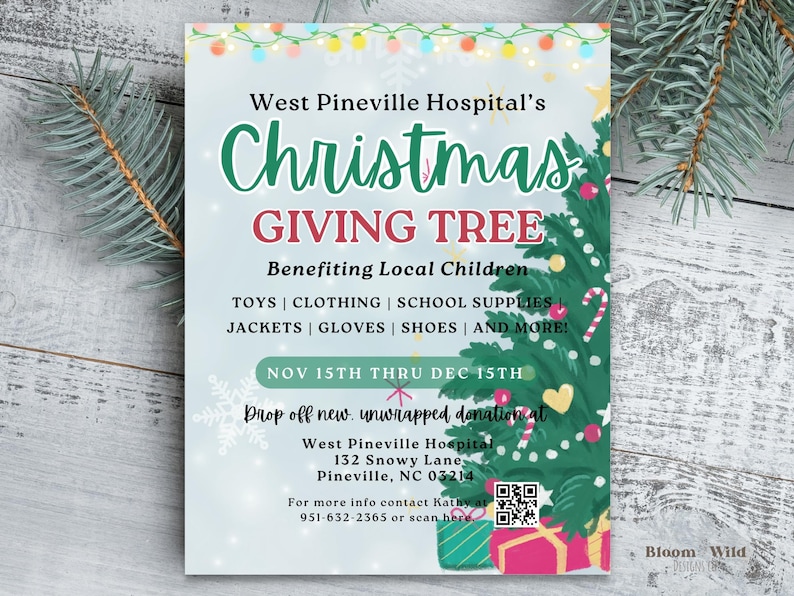 Christmas Giving Tree Flyer Template, Editable Winter Event W/ QR Code ...