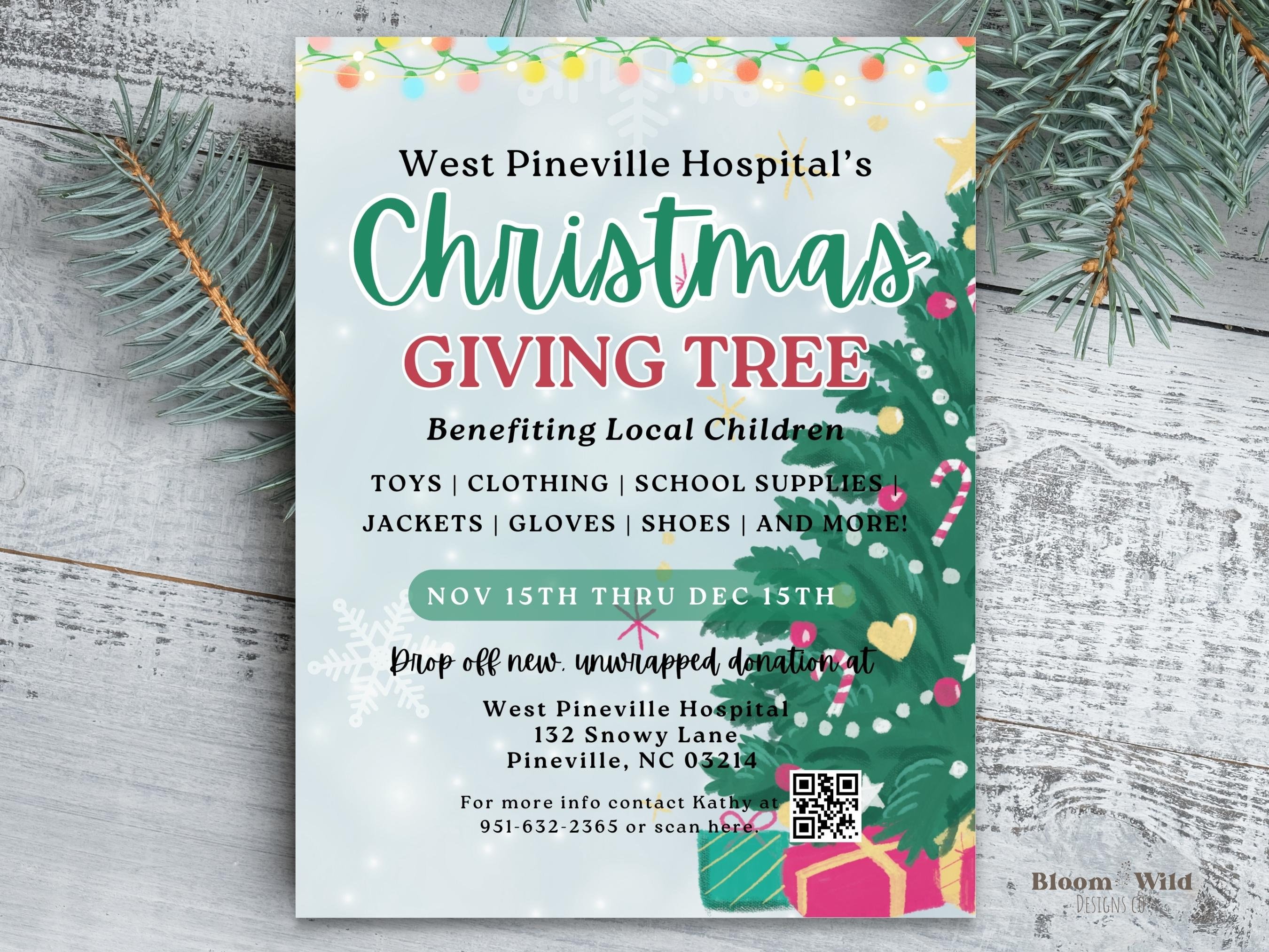 Christmas Giving Tree Flyer Template, Editable Winter Event W/ QR Code ...