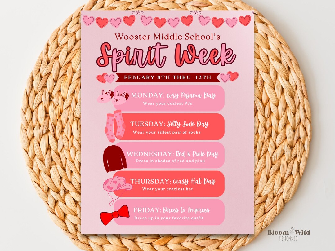 Valentine Spirit Week Canva Template, School Spirit Week Template ...